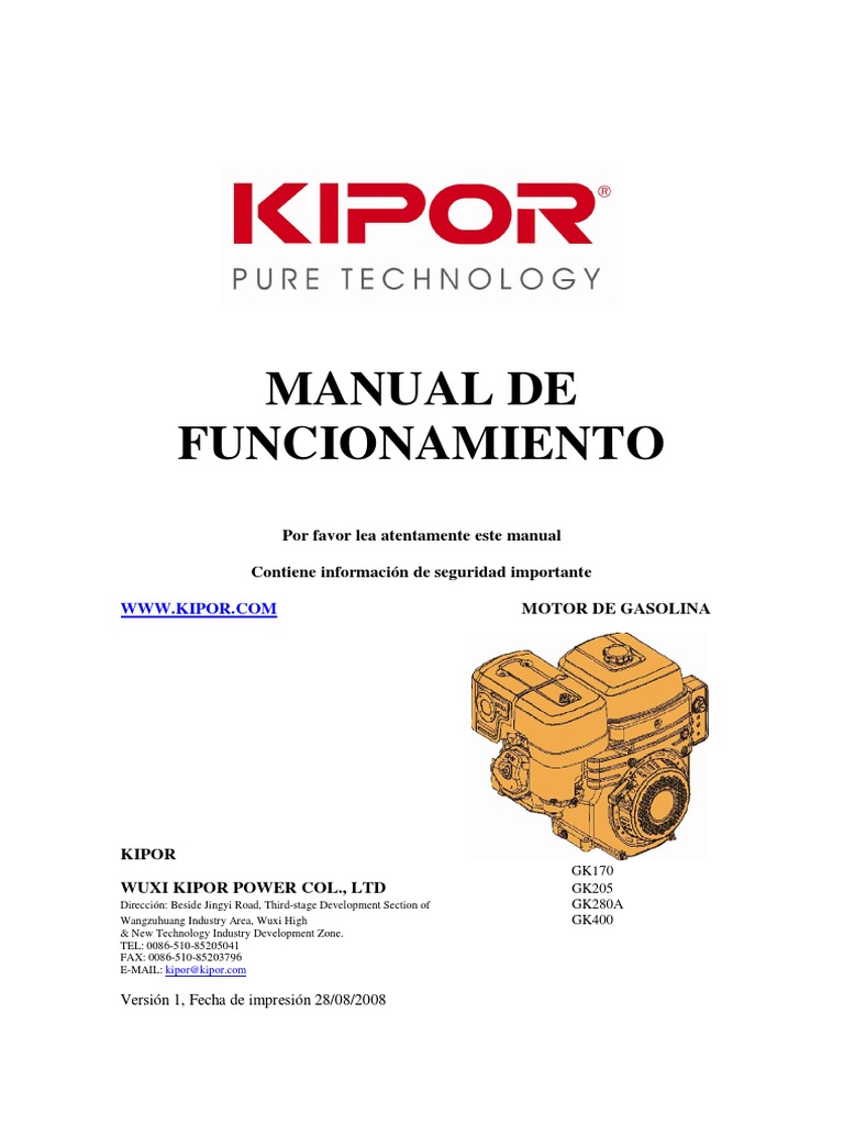 Manual de Funcionamiento Kipor KG 400 | PDF | Carburador | Gasolina