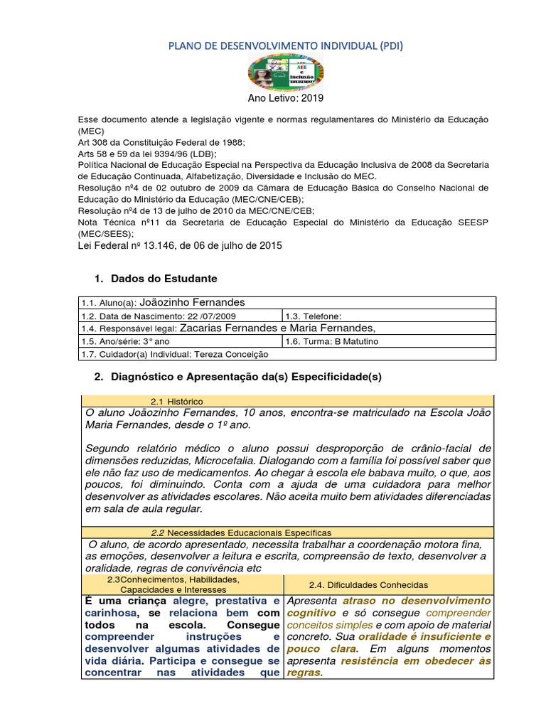 Modelo Pdi Joãozinho | PDF | Educação Especial | Inclusão (Educação)