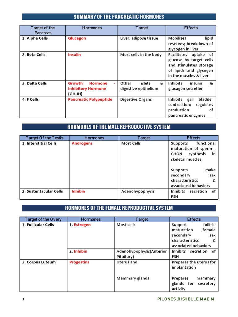 Chapter 9 - Endocrine System (Summary of Hormones) | PDF | Pancreas ...