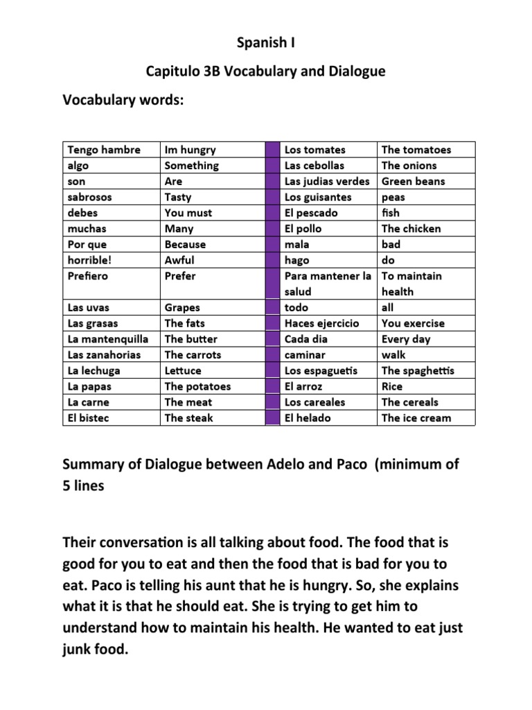 Capitulo 3B Vocabulary and Dialogue | PDF | Cooking, Food & Wine