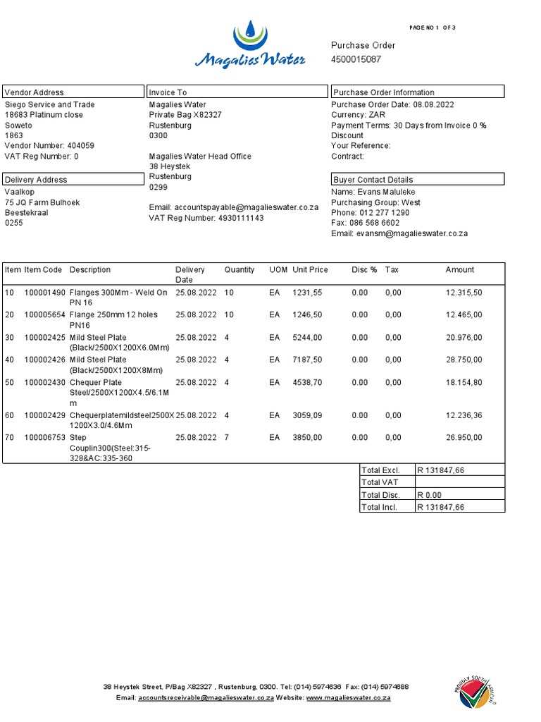 Magalies Water Purchase Order 4500015087 | PDF | Invoice | Value Added Tax