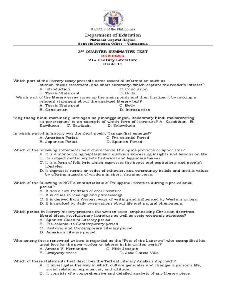 3rd Quarter Summative Test Reviewer | PDF