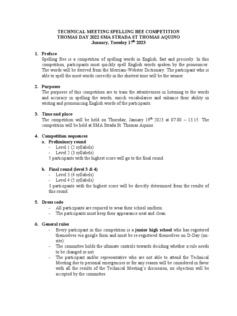 Technical Meeting Spelling Bee Competition | PDF | English Language | Spelling