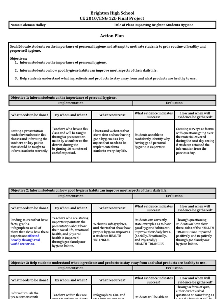 copy of copy of action plan template bhs 1 | PDF | Hygiene | Infographics