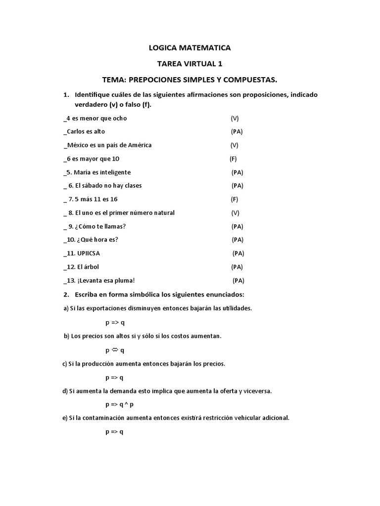 LOGICA MATEMATICA Tarea Virtual 1 | PDF
