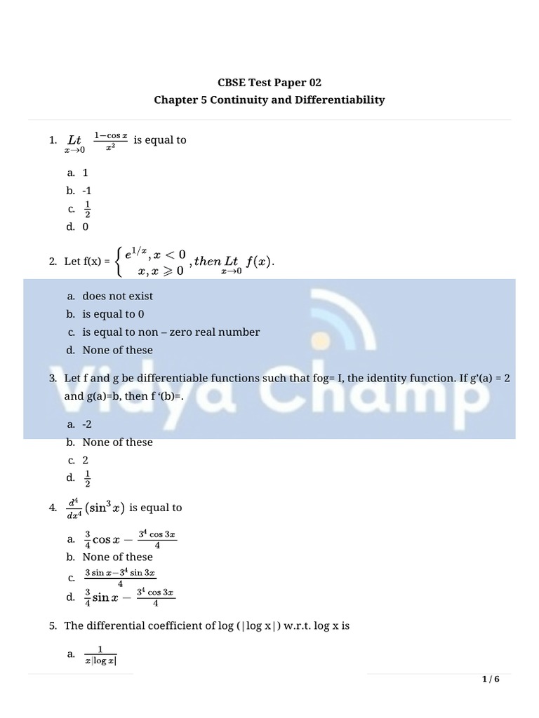 CBSE Test Paper 02 Chapter 5 Continuity and Differentiability | PDF ...