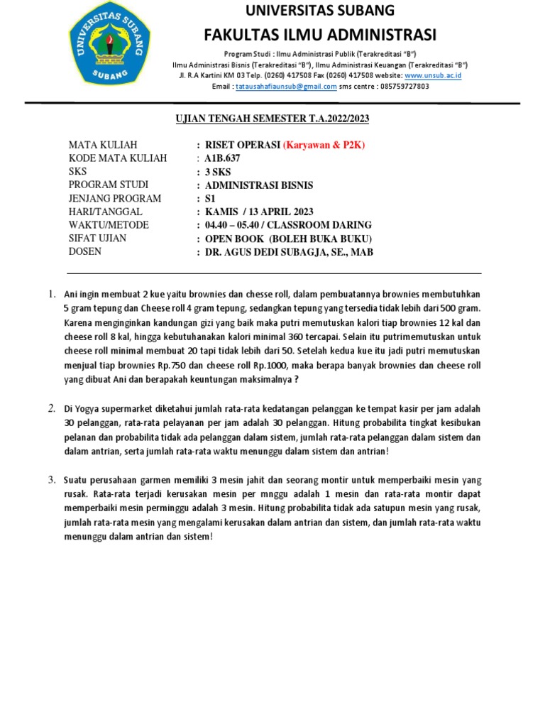 UTS Riset Oprasi (Devi Intan Melinda-A1B200407-Kary - Niaga) | PDF