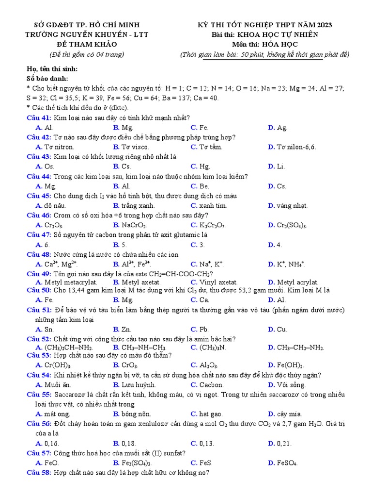 Thi thử Nguyễn Khuyến - LTT - SỞ GDĐTTP HCM - L2 | PDF