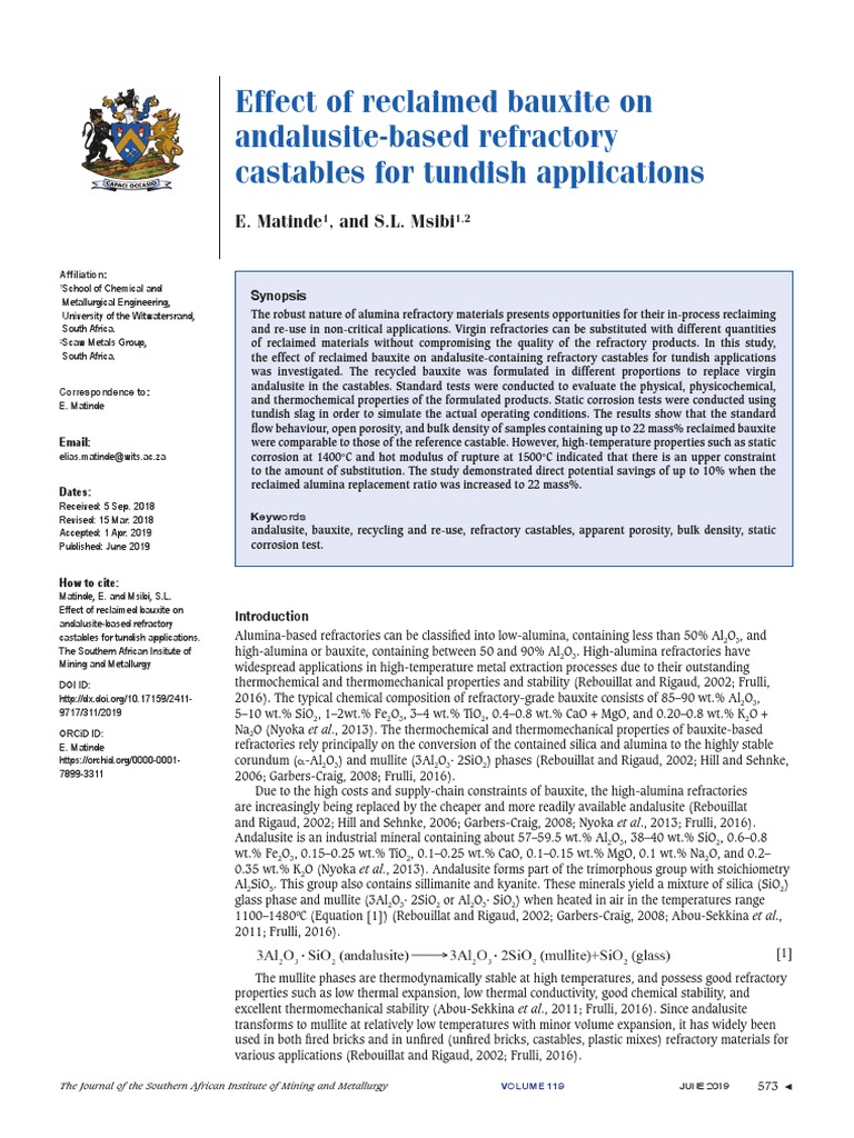 Effect of Reclaimed Bauxite On Andalusite-Based Refractory Castable For ...