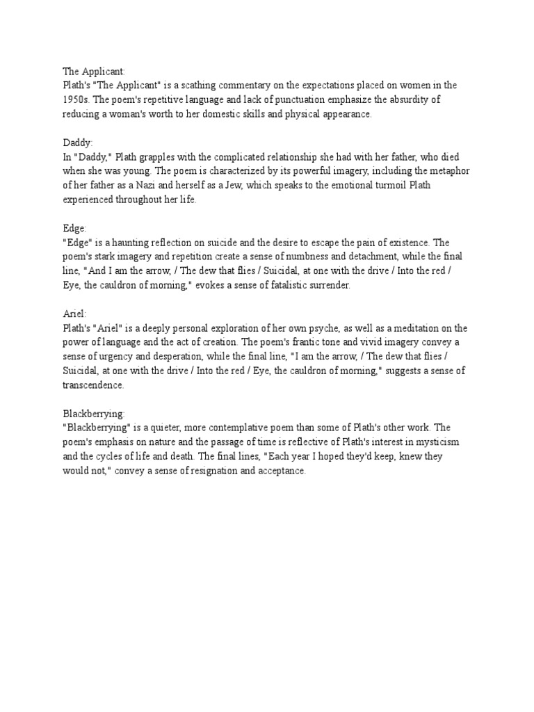 Sylvia Plath Poetry Analysis | PDF