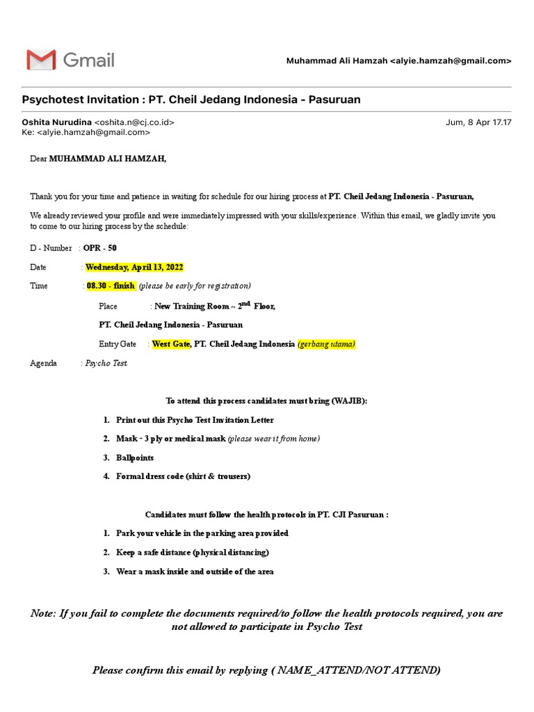 Psychotest Invitation: PT. Cheil Jedang Indonesia - Pasuruan PDF | PDF
