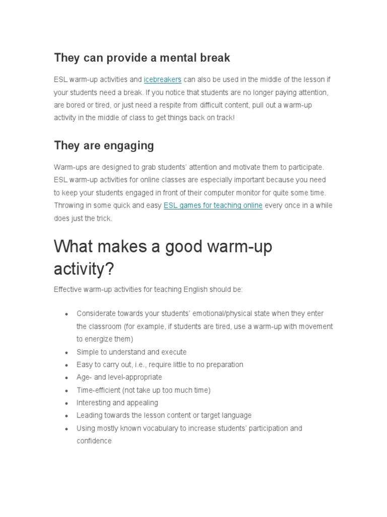 Engaging ESL Warm-Up Activities for Teens | PDF