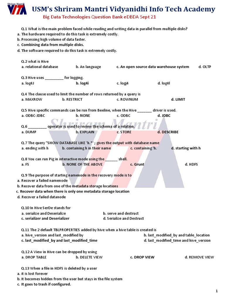 Big Data Technologies - Question Bank eDBDA Sept 21 | PDF