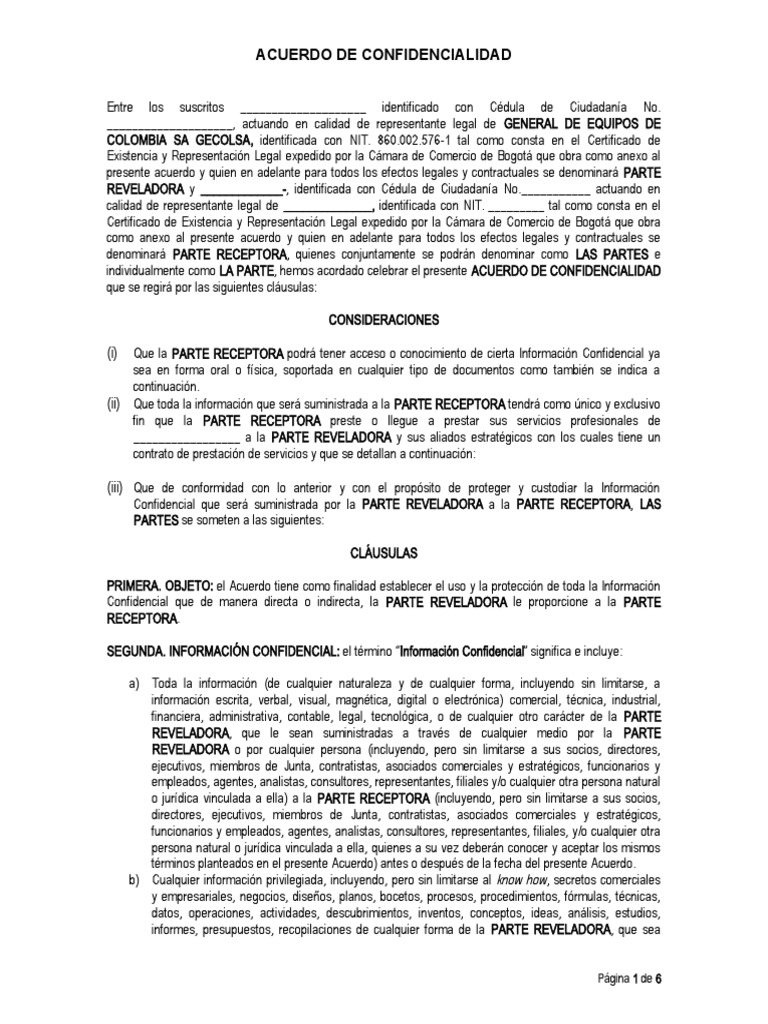 Modelo Acuerdo de Confidencialidad | PDF