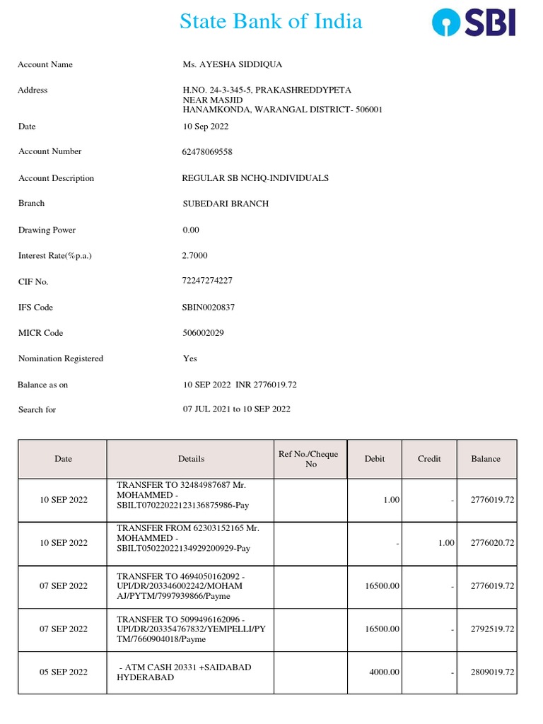 Ayesha Bank Statement | PDF | Debit Card | Cheque