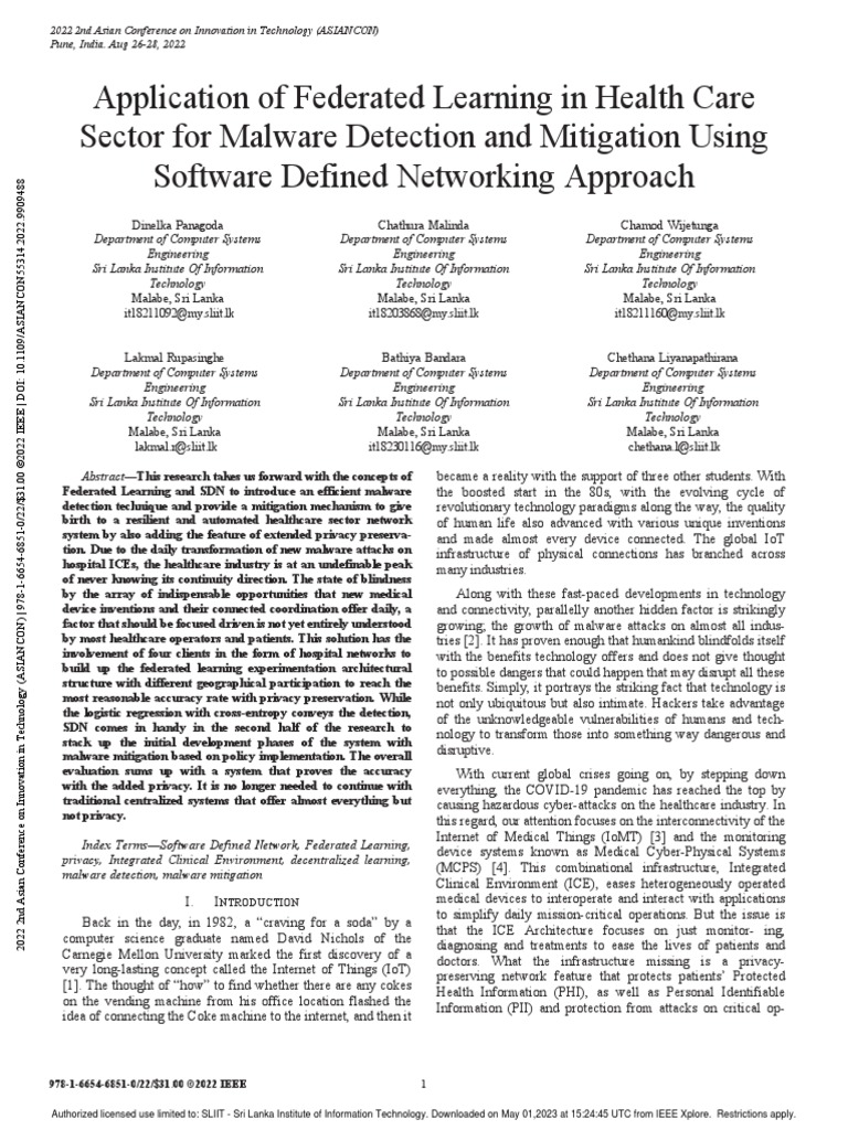 Application of Federated Learning in Health Care Sector For Malware Detection and Mitigation ...