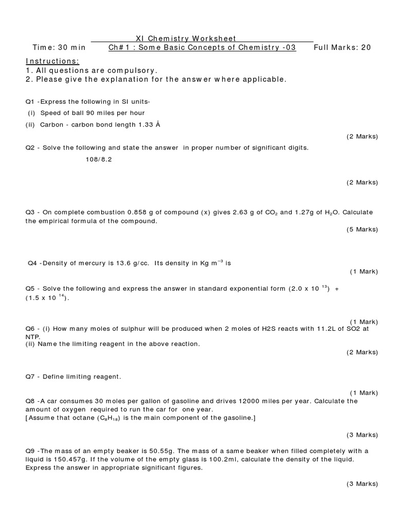 CBSE Class 11 Chemistry Worksheet - Some Basic Concepts of Chemistry ...