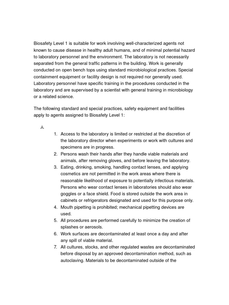 Biosafety Level 1 | PDF | Laboratories | Public Health