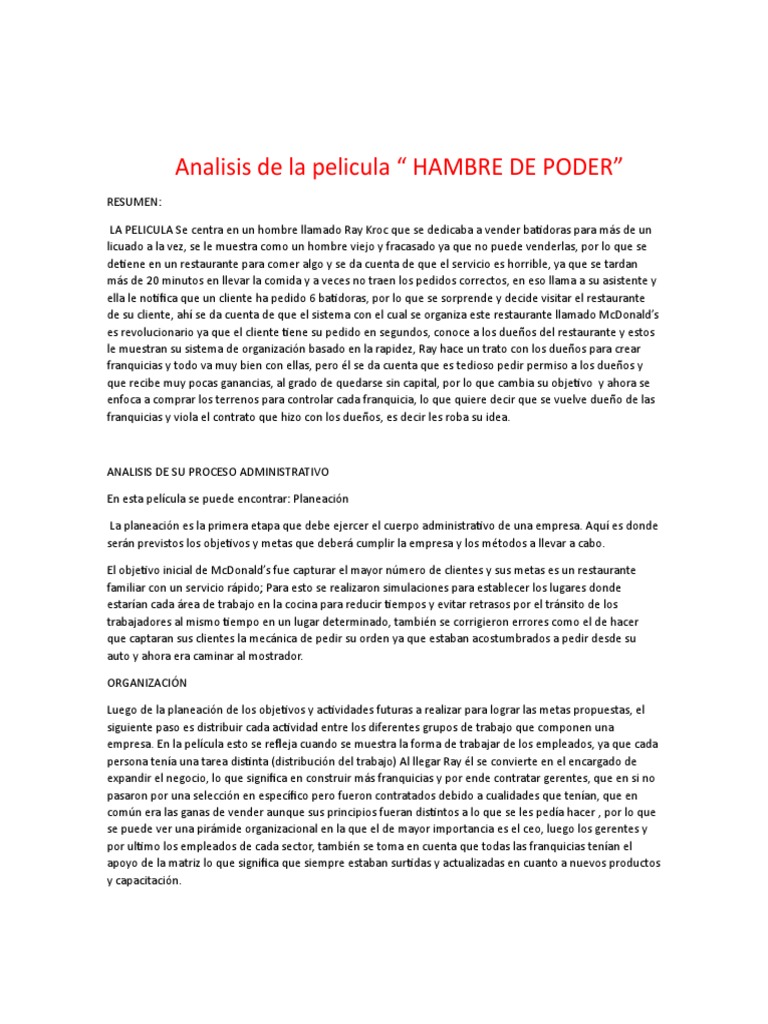 ANALISIS DE LA PELICULA DE HAMBRE DE PODER | PDF | Mc Donald's ...