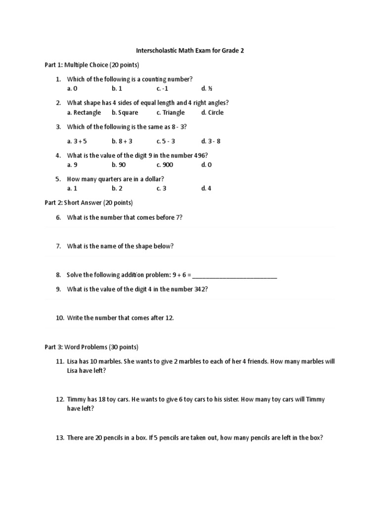 Interscholastic Math Exam For Grade 2 Part 4 | PDF