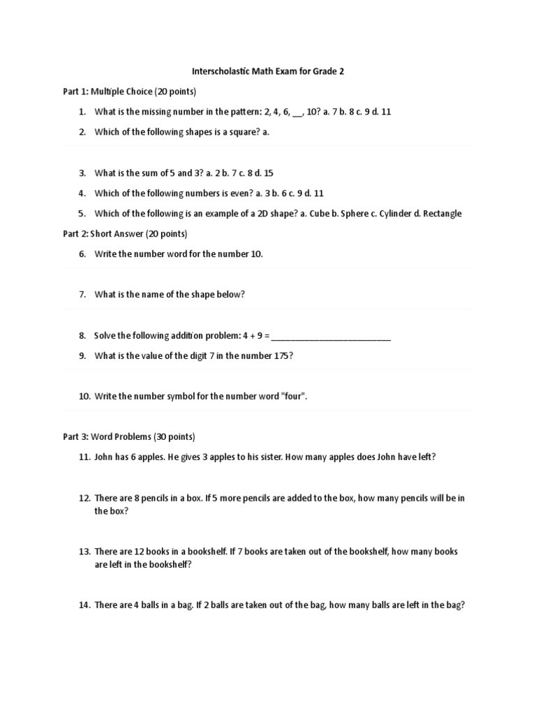 Interscholastic Math Exam For Grade 2 | PDF