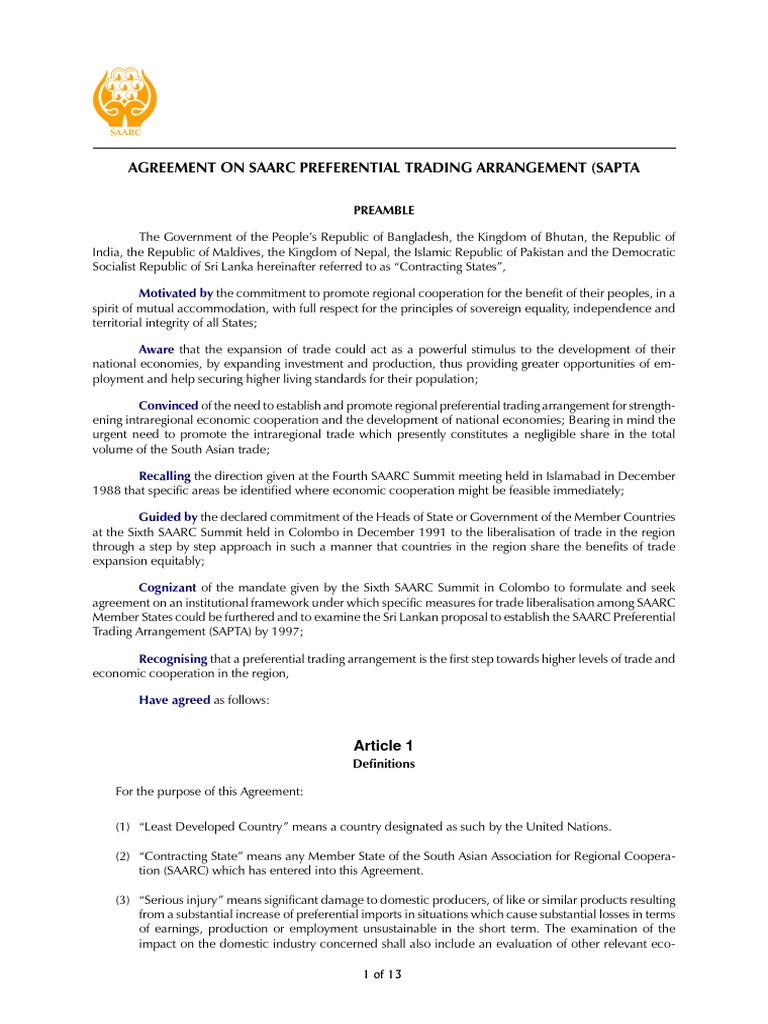 Notes On SAPTA | PDF | Business | Trade