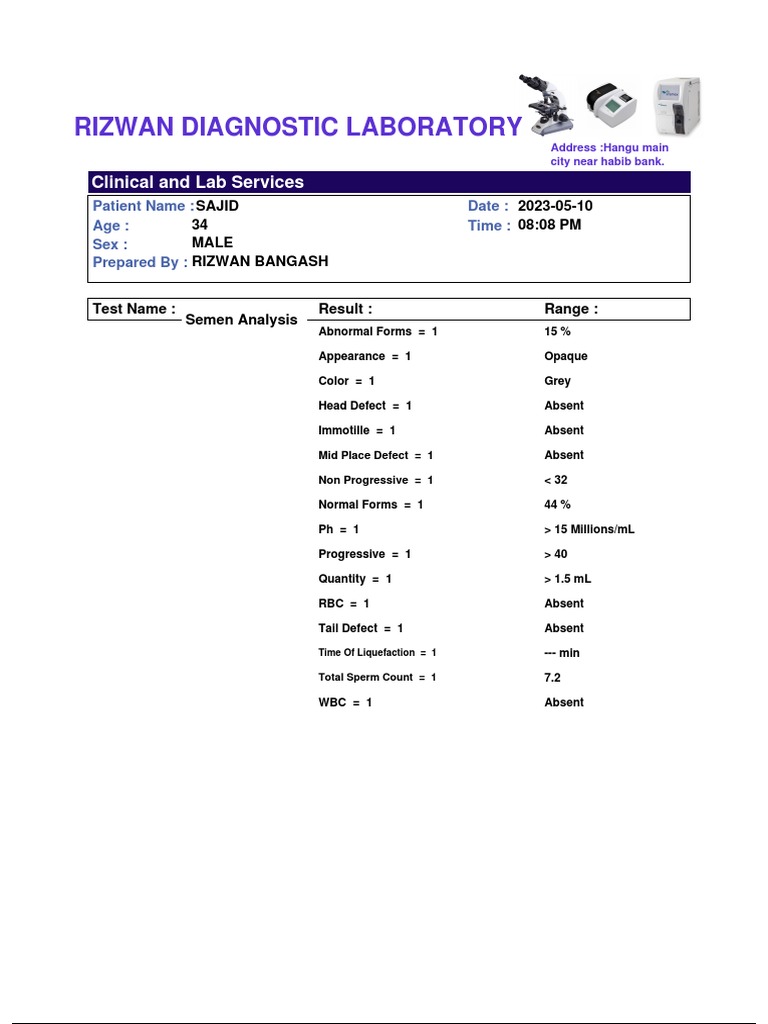 Rizwan Diagnostic Lab Semen Analysis Report | PDF | Reproduction ...
