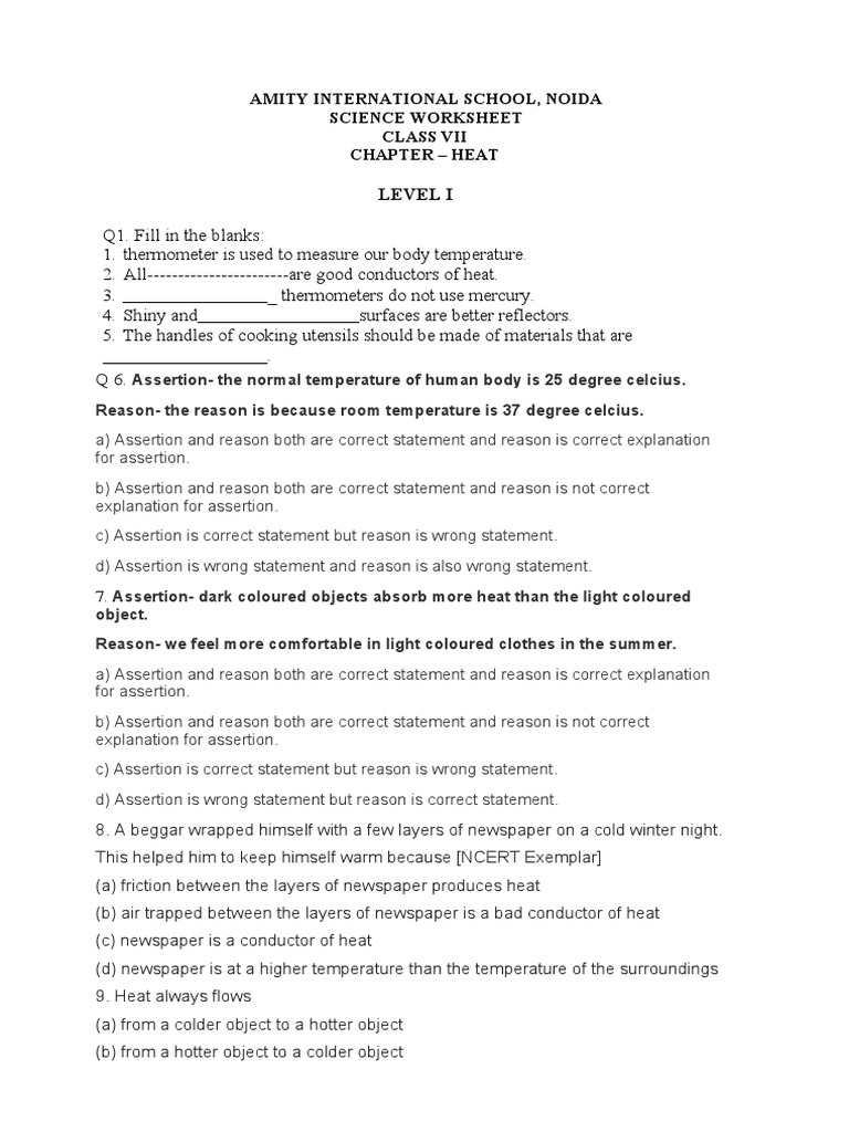 Amity International School, Noida Science Worksheet Class Vii Chapter ...
