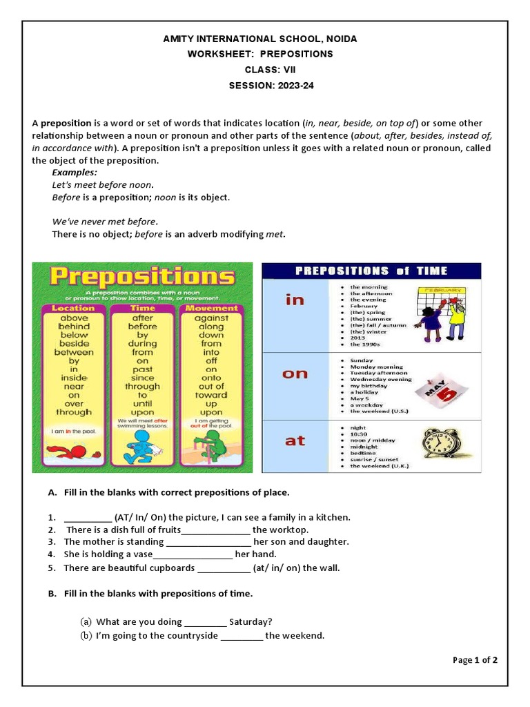 Examples:: Amity International School, Noida Worksheet: Prepositions ...