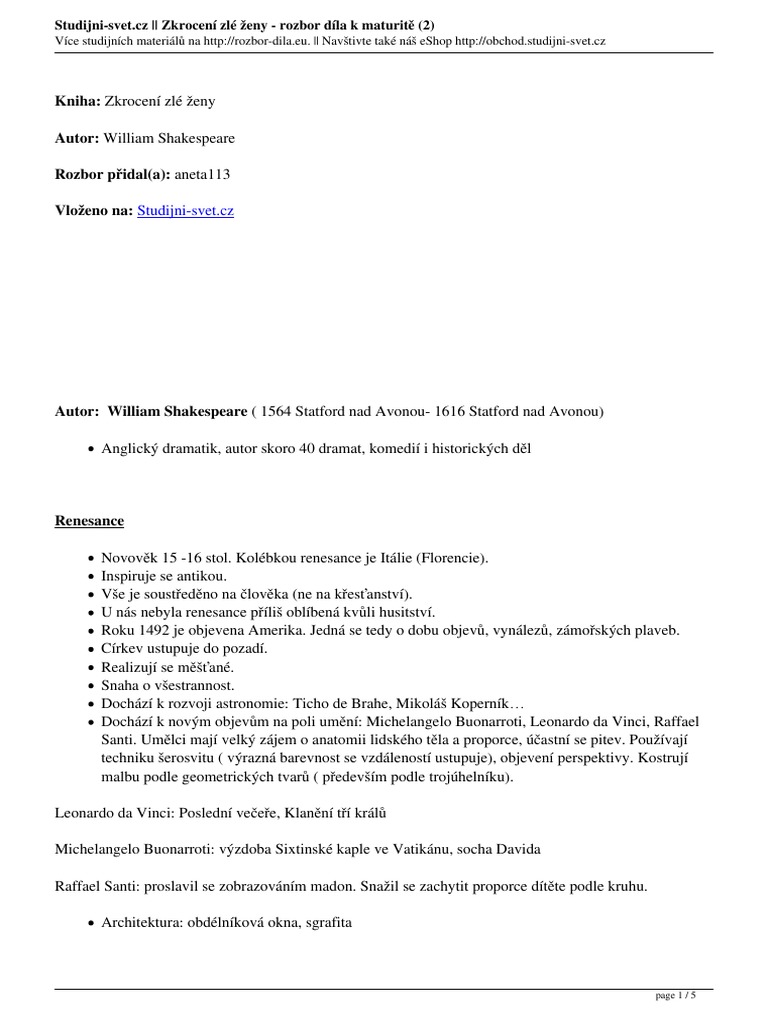 Adoc - Pub - Autor William Shakespeare 1564 Statford Nad Avonou PDF | PDF