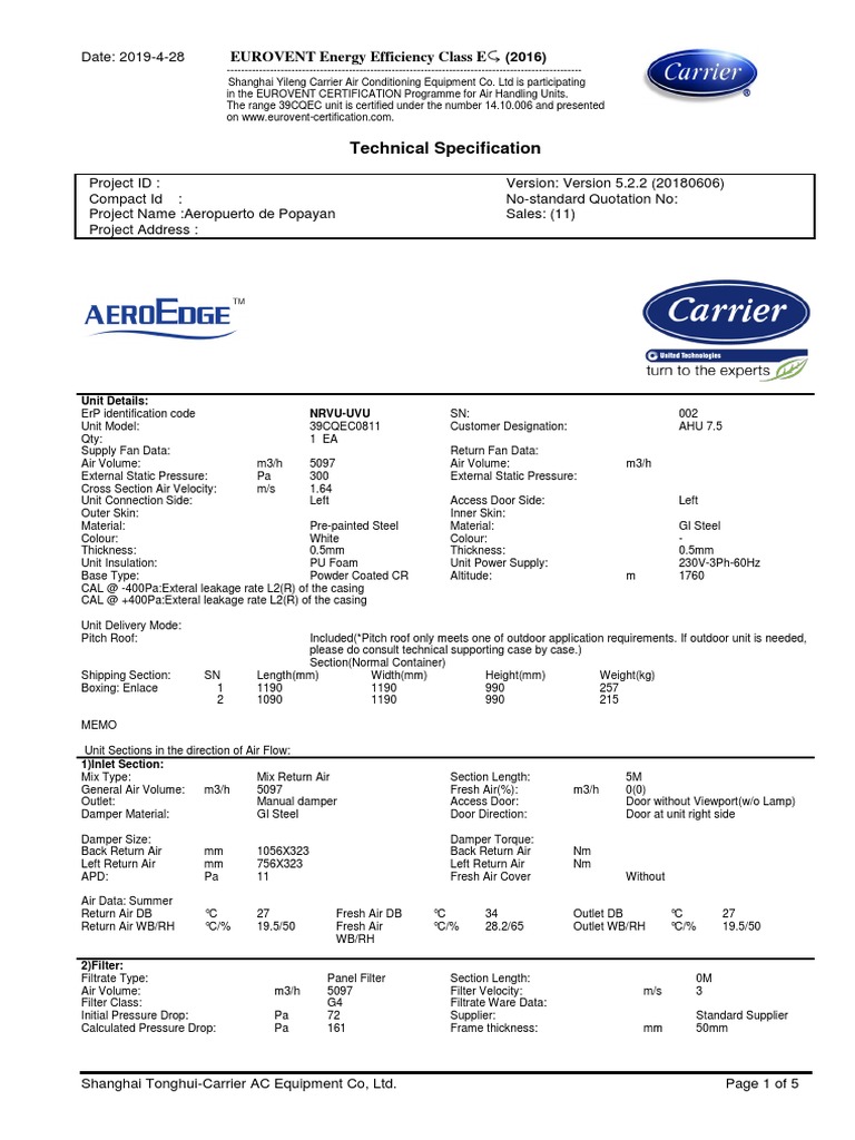 Technical - Report Ahu 7.5tr | PDF | Electric Motor | Electricity