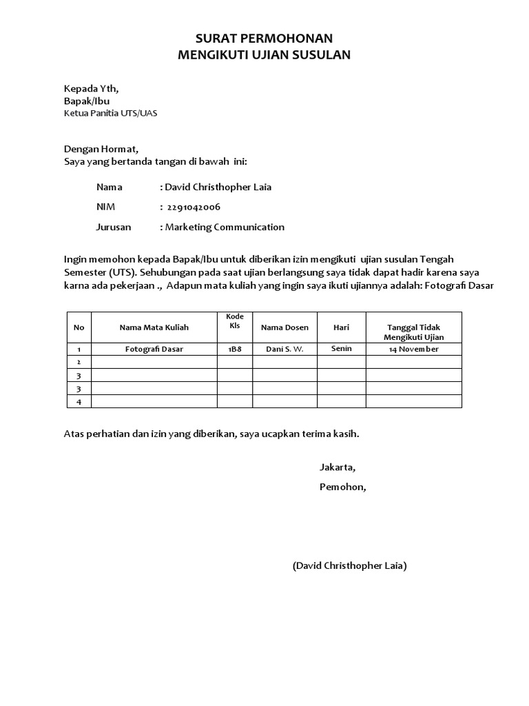 SURAT PERMOHONAN MENGIKUTI UJIAN SUSULAN | PDF