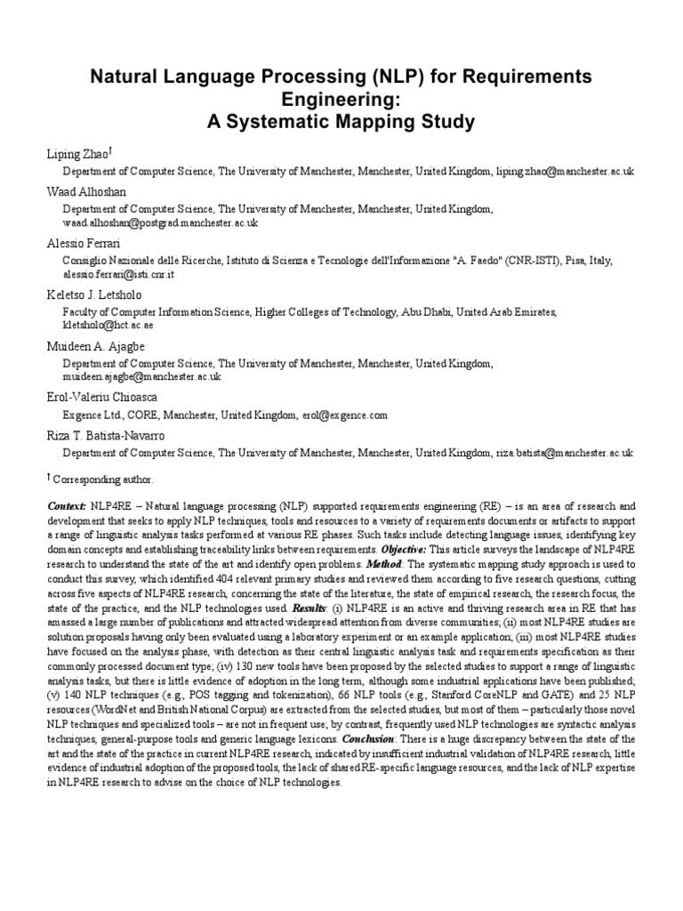 Natural Language Processing For Requirements A Systematic Mapping Study ...