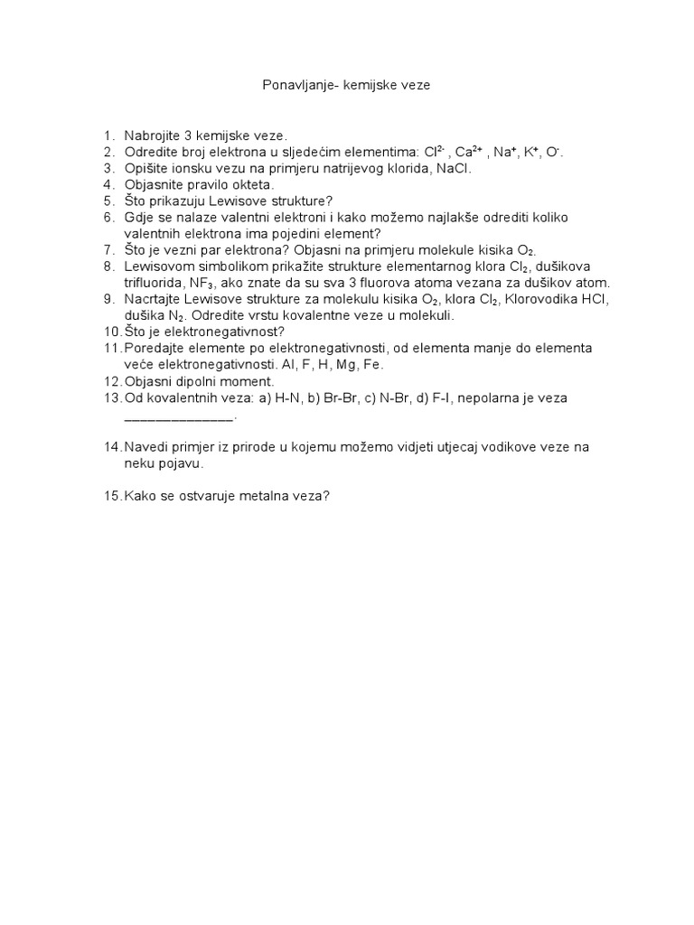 Ponavljanje Kemijske Veze | PDF