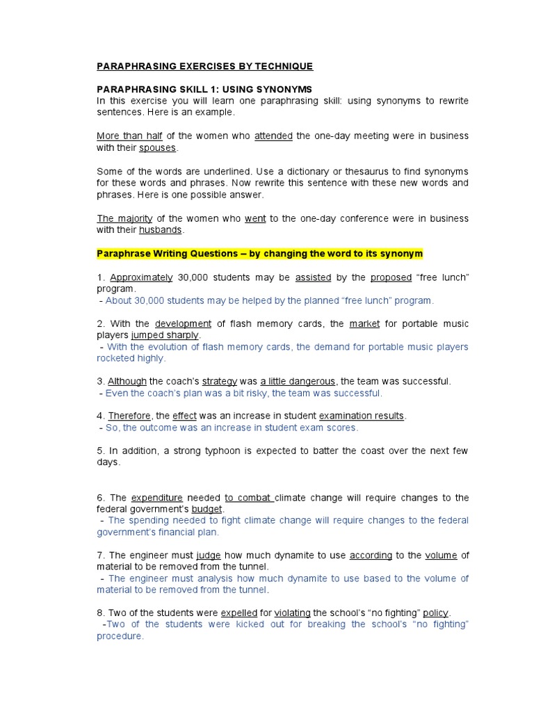 Paraphrasing Exercise by Technique | PDF | Sentence (Linguistics) | Language Mechanics