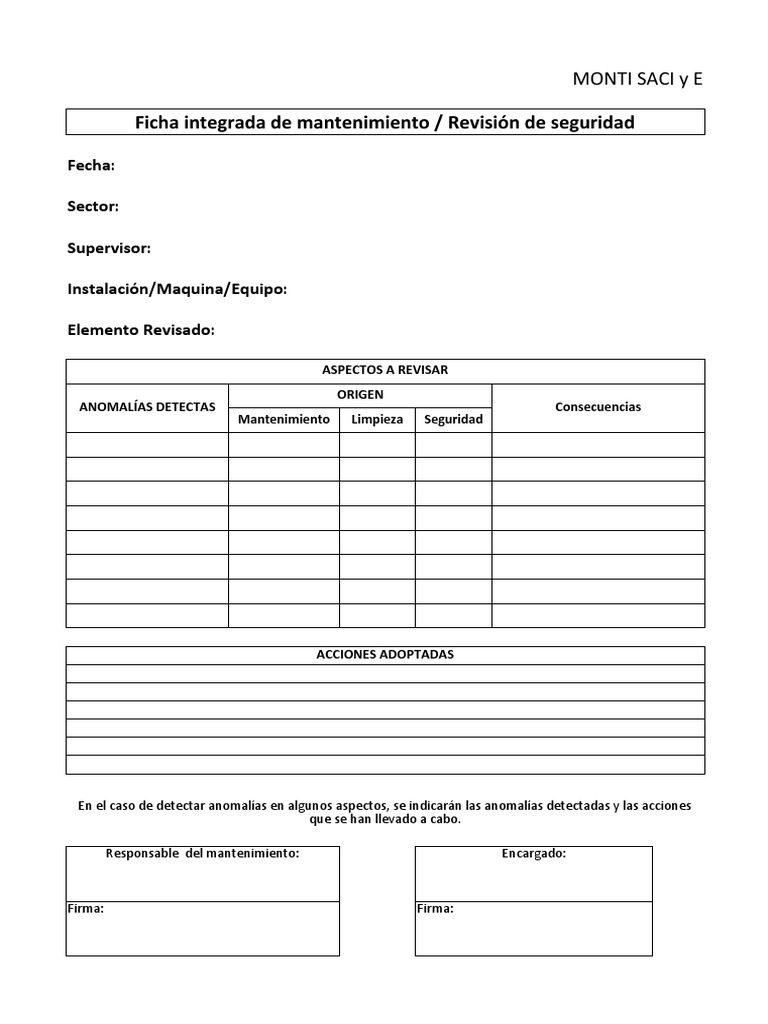 Ficha Integrada de Mantenimiento - Revisión de Seguridad Monti | PDF