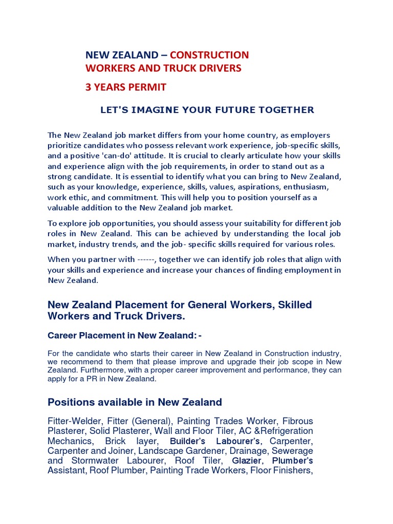 New Zealand Job Placement Guide For Construction Workers And Truck