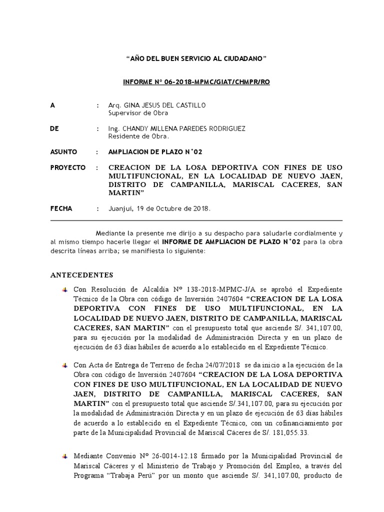 Informe 007 de Ampliacion de Plazo N02 | PDF