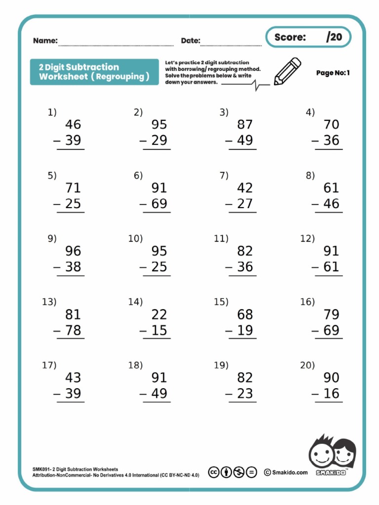 Questions - 2 Digit Subtraction Regrouping 100 Pages - Positive Answers ...