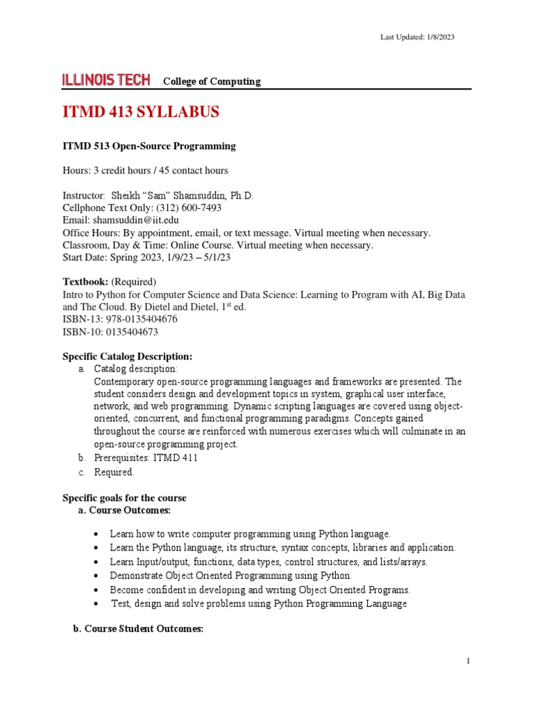 ITMD513 SP2023 Syllabus Shamsuddin PDF | PDF | Class (Computer ...