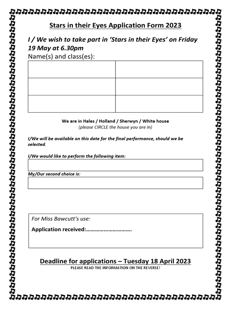 Stars in Their Eyes Application Form 2023 | PDF | Audition