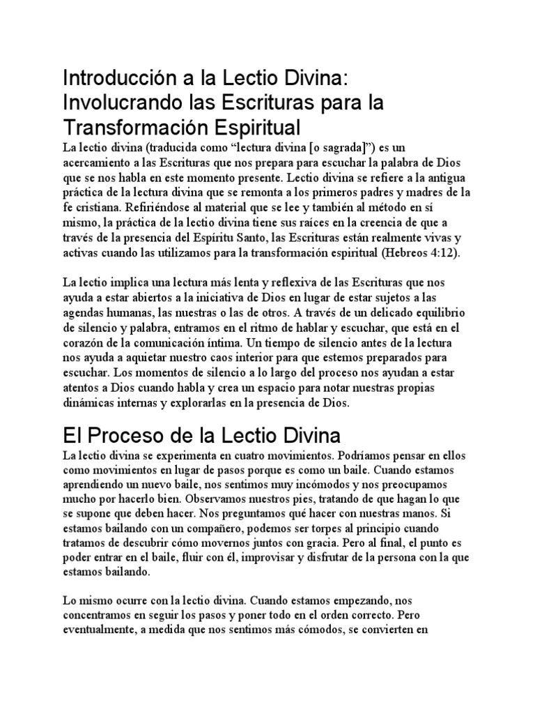 Lectio Divina - Involucrando Las Escrituras para La Transformación Espiritual | PDF | Lectio ...