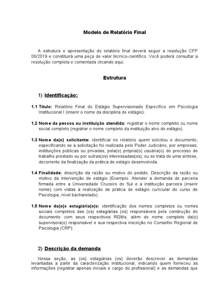 Modelo de Relatório Final INSTITUCIONAL 2023 | PDF | Psicologia | Pensamento