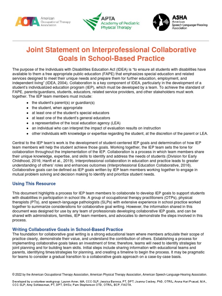 Joint Statement On Interprofessional Collaborative Goals in School Based Practice 2022 | PDF