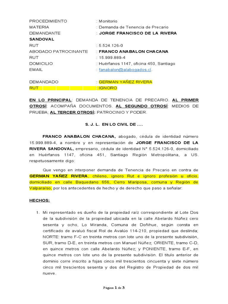 Demanda de Tenencia de Precario | PDF | Justicia | Crimen y violencia