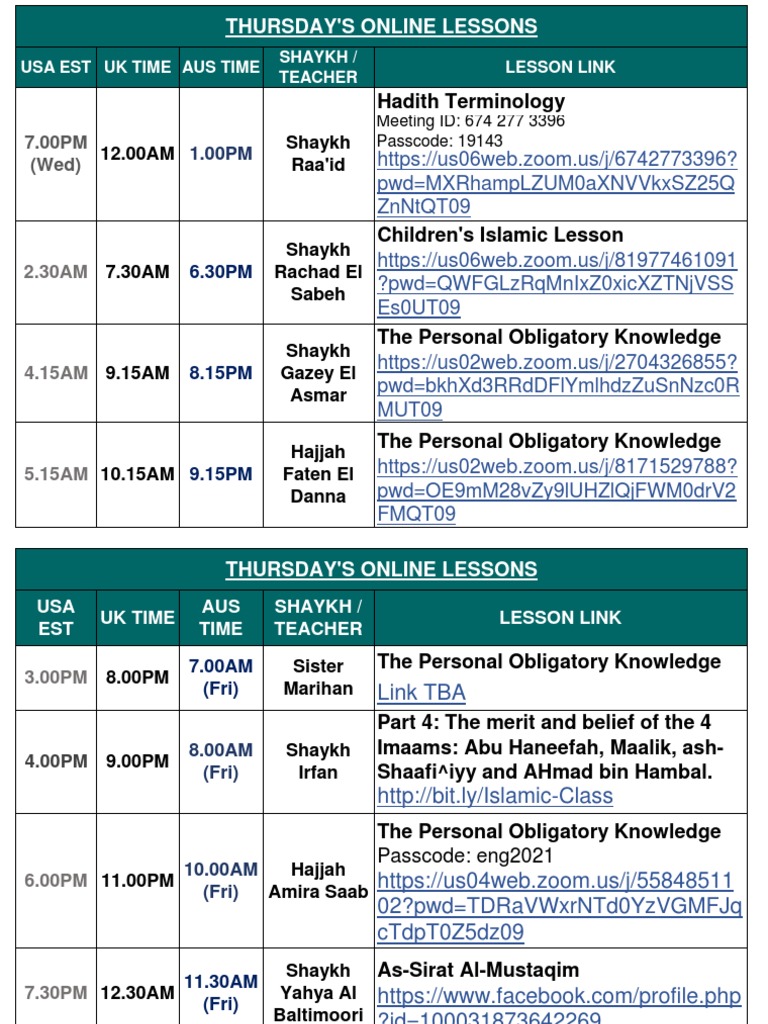 Thurs Lessons Schedule & Links PDF | PDF