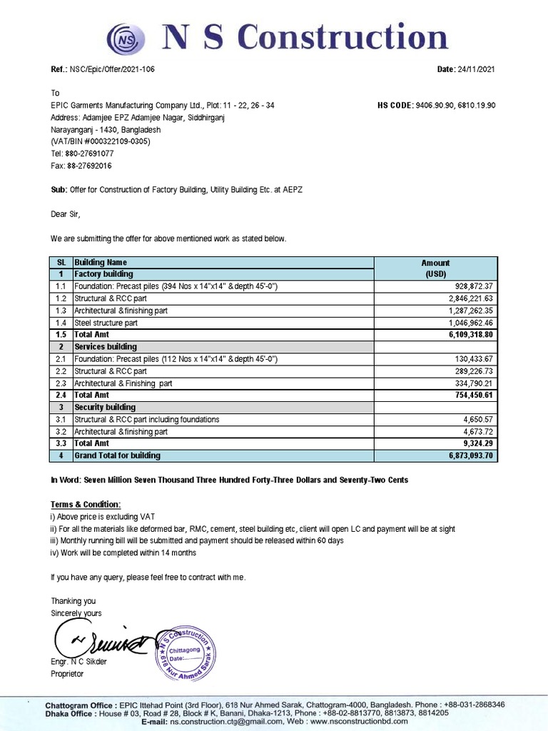 Factory Construction Offer Summary | PDF