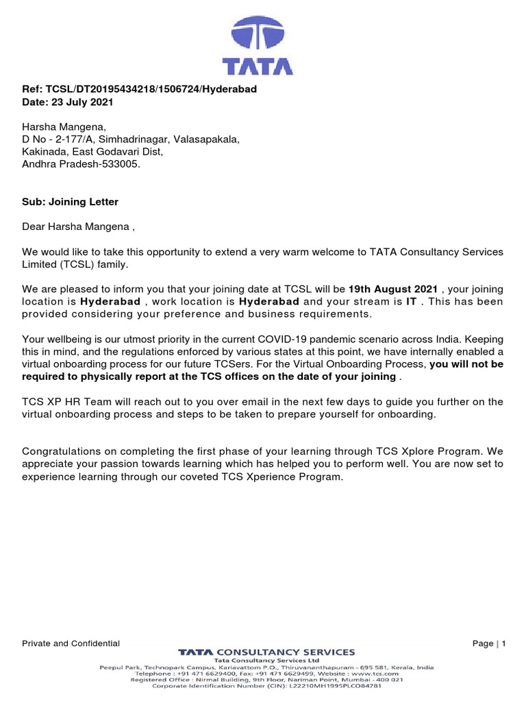 Tcs Sample Joining | PDF | Business
