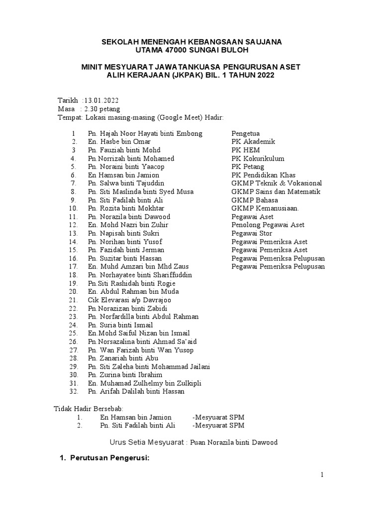 Minit Mesyuarat ASET JKPAK Kali Ke-1 Tahun 2022 | PDF