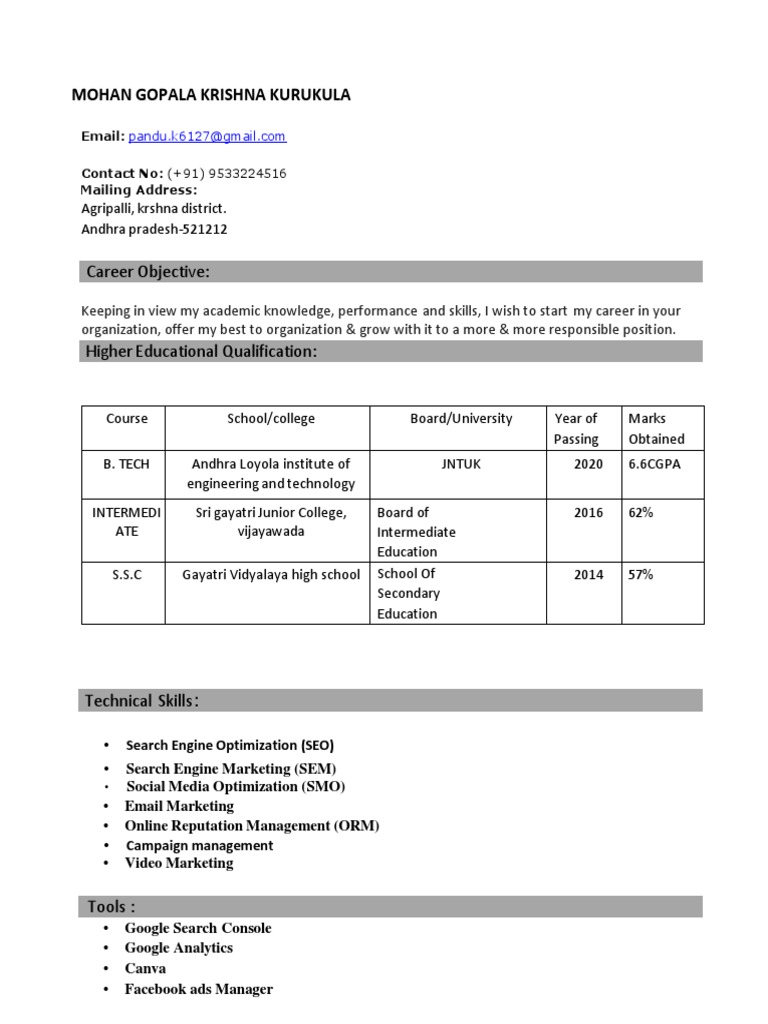 Digital Marketing Professional Seeking New Opportunities: Résumé of Mohan Gopala Krishna ...